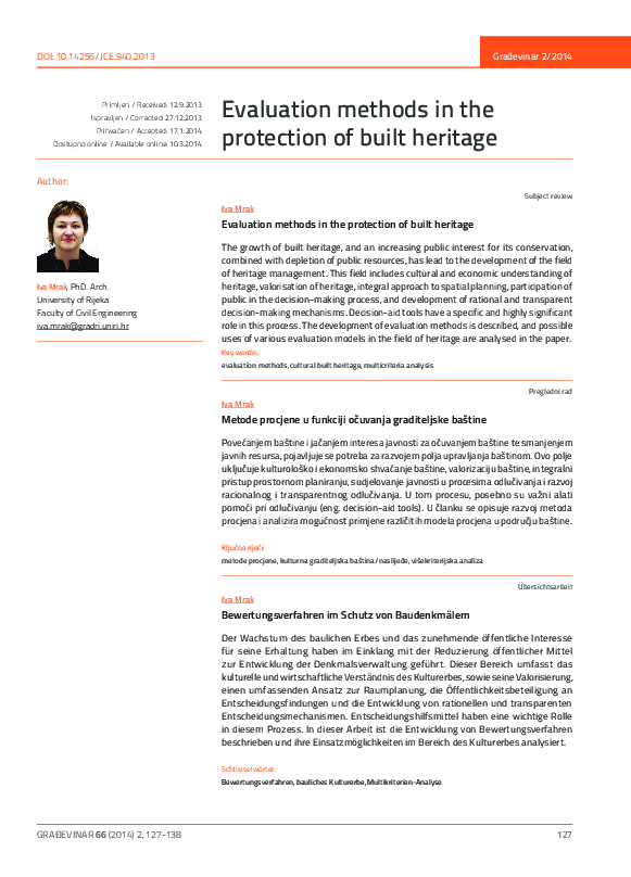 (PDF) Evaluation methods in the protection of built heritage