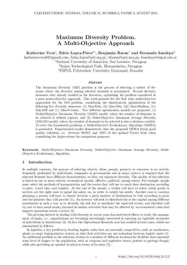 (PDF) Maximum Diversity Problem. A Multi-Objective Approach