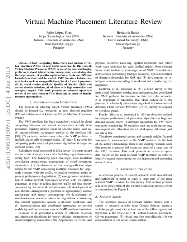 (PDF) Virtual Machine Placement Literature Review