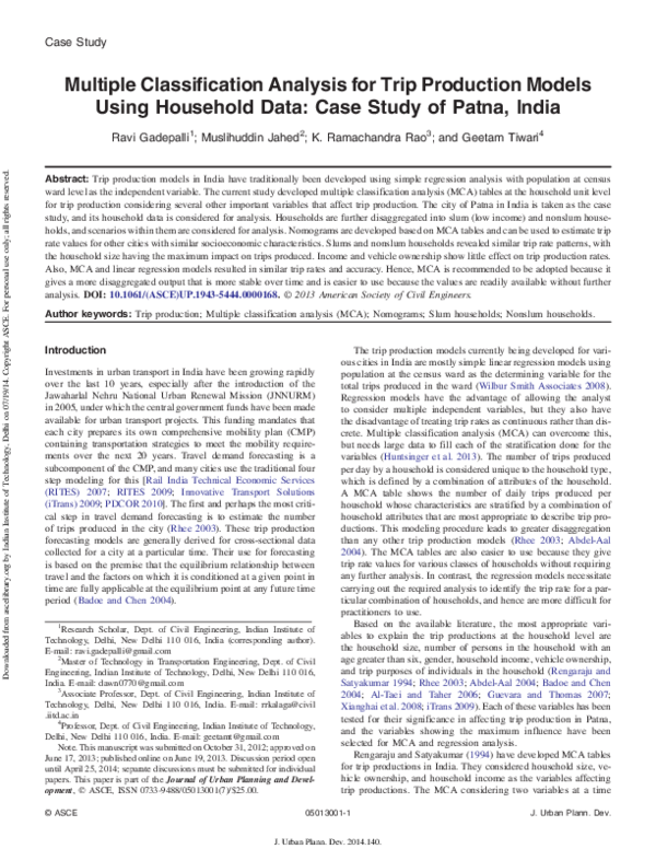 (PDF) Multiple Classification Analysis for Trip Production Models Using Household Data: Case ...