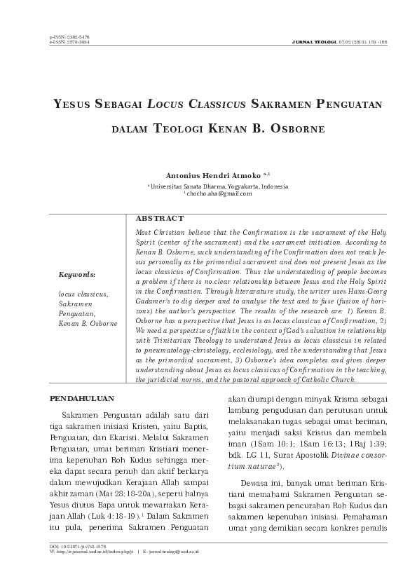 (PDF) Yesus sebagai Locus Classicus Sakramen Penguatan dalam Teologi Kenan B. Osborne