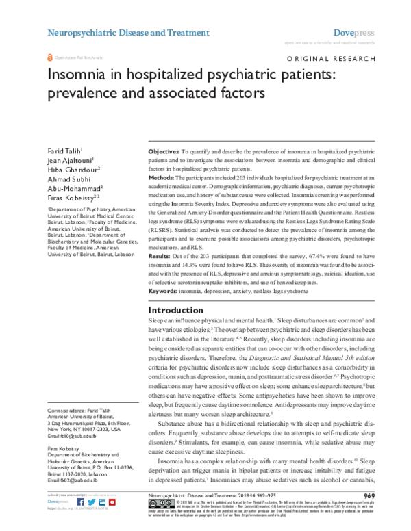 (PDF) Insomnia in hospitalized psychiatric patients: prevalence and ...