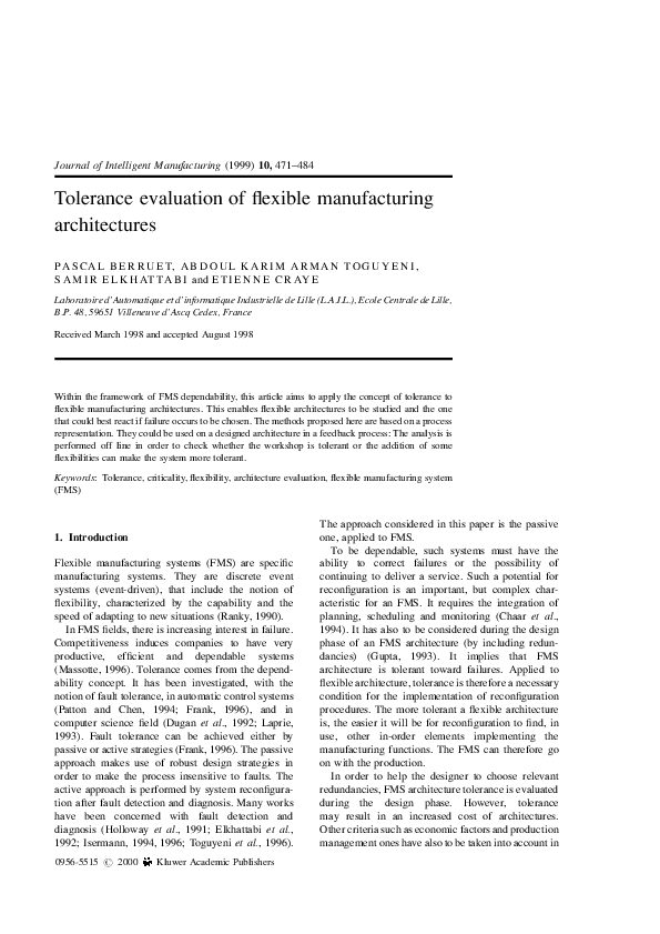 (PDF) Tolerance evaluation of flexible manufacturing architectures
