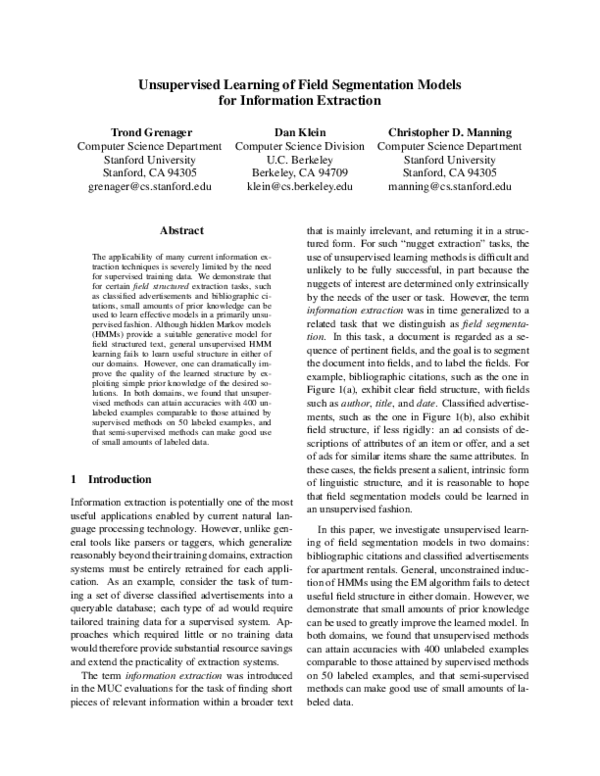 (PDF) Unsupervised learning of field segmentation models for information extraction