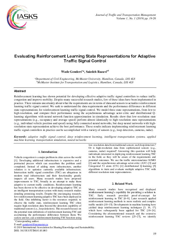 (PDF) Evaluating Reinforcement Learning State Representations for Adaptive Traffic Signal Control