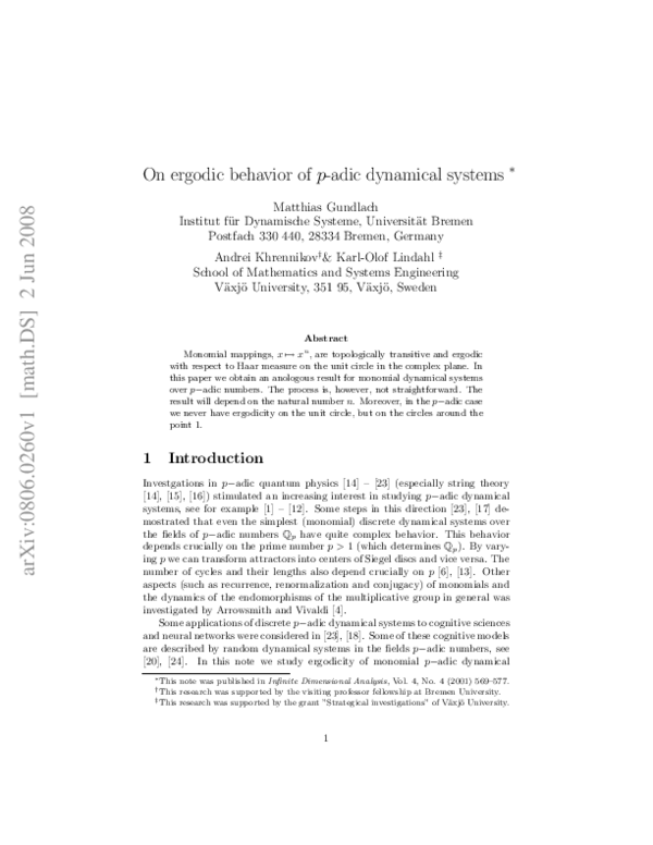 (PDF) ON ERGODIC BEHAVIOR OF p-ADIC DYNAMICAL SYSTEMS