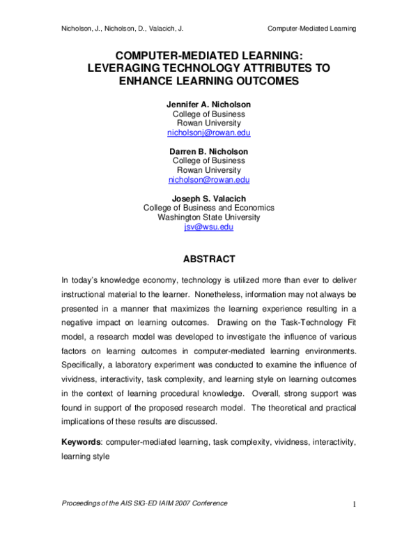 Pdf Computer Mediated Learning Leveraging Technology Attributes To Enhance Learning Outcomes