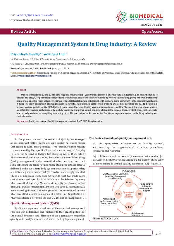 (PDF) Quality Management System in Drug Industry: A Review