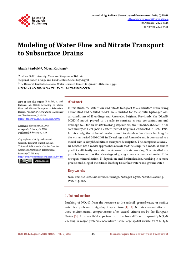 (PDF) Modeling of Water Flow and Nitrate Transport to Subsurface Drains