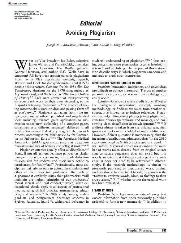 (PDF) Editorial - Avoiding Plagiarism