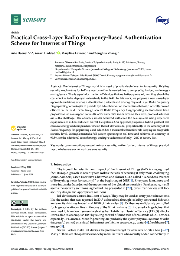 Pdf Practical Cross Layer Radio Frequency Based Authentication Scheme For Internet Of Things