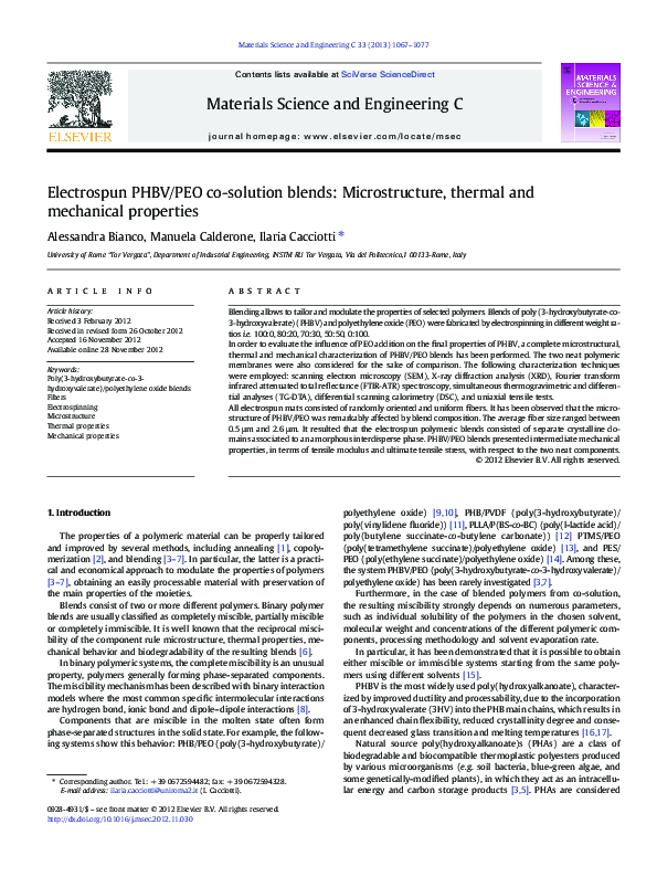 (PDF) Electrospun PHBV/PEO co-solution blends: Microstructure, thermal and mechanical properties