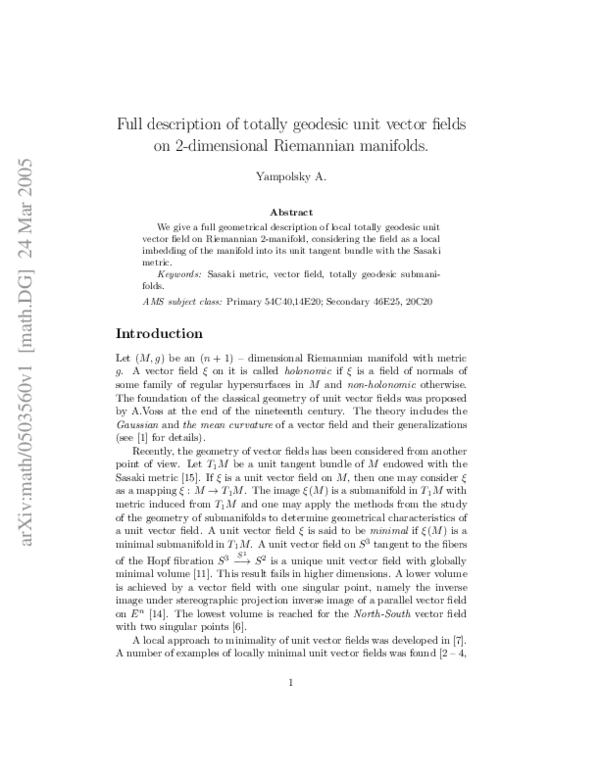 (PDF) Full description of totally geodesic unit vector fields on 2-dimensional Riemannian manifolds