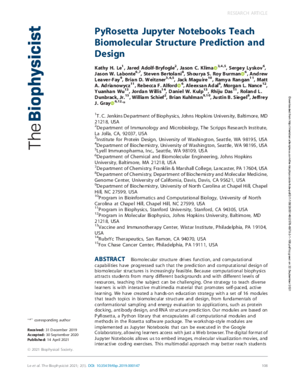 Pdf Pyrosetta Jupyter Notebooks Teach Biomolecular Structure Prediction And Design
