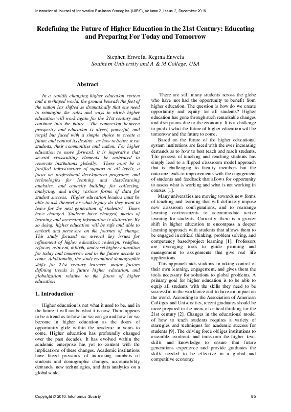 (PDF) Redefining the Future of Higher Education in the 21st Century: Educating and Preparing For ...