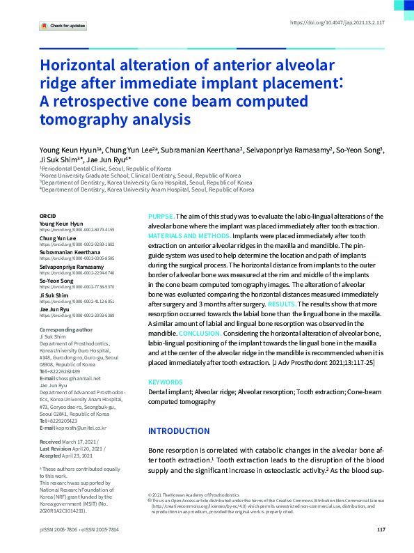 (PDF) Horizontal alteration of anterior alveolar ridge after immediate implant placement: A ...