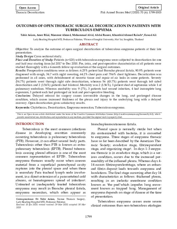 (PDF) Outcomes of Open Thoracic Surgical Decortication in Patients with ...