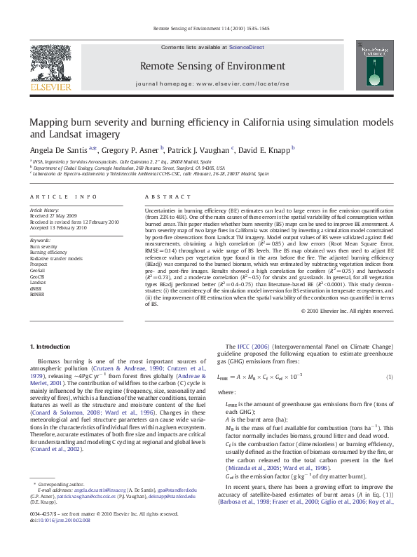 Pdf Mapping Burn Severity And Burning Efficiency In California Using Simulation Models And