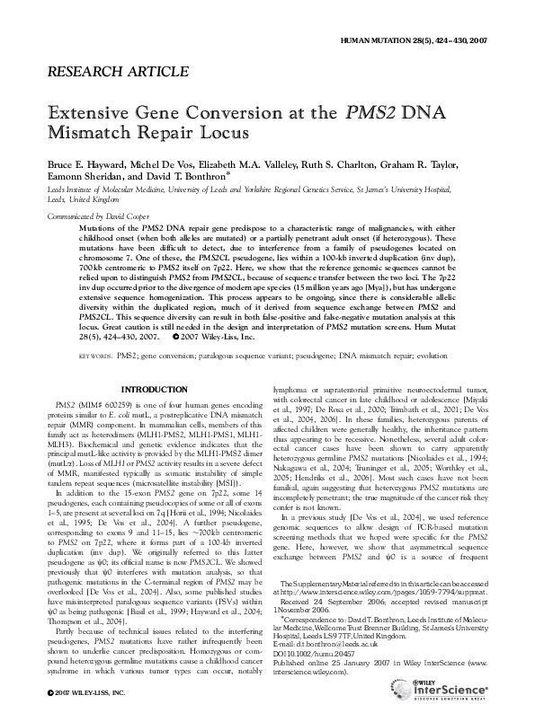 (PDF) Extensive gene conversion at the PMS2 DNA mismatch repair locus