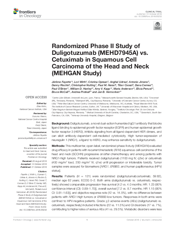 (PDF) Randomized Phase II Study of Duligotuzumab (MEHD7945A) vs. Cetuximab in Squamous Cell ...