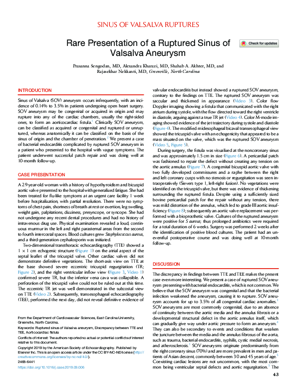 (PDF) Rare Presentation of a Ruptured Sinus of Valsalva Aneurysm