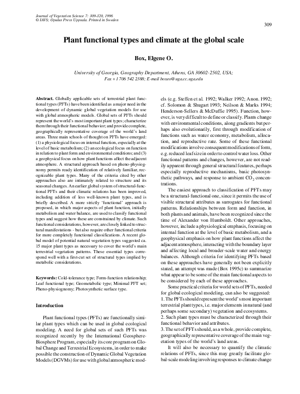 (PDF) Plant functional types and climate at the global scale