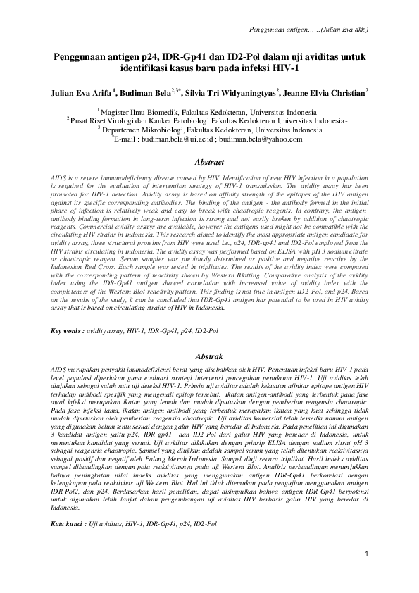 (PDF) Penggunaan antigen p24, IDR-Gp41 dan ID2-Pol dalam uji aviditas untuk identifikasi kasus ...