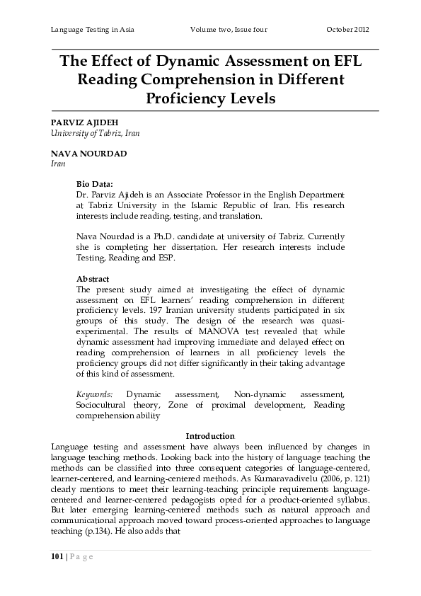 (PDF) The Effect of Dynamic Assessment on EFL Reading Comprehension in Different Proficiency Levels
