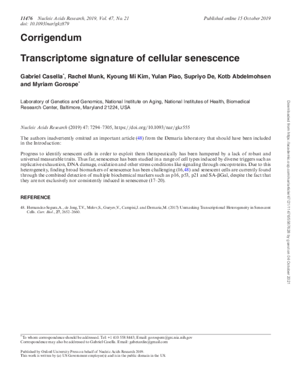 Pdf Transcriptome Signature Of Cellular Senescence