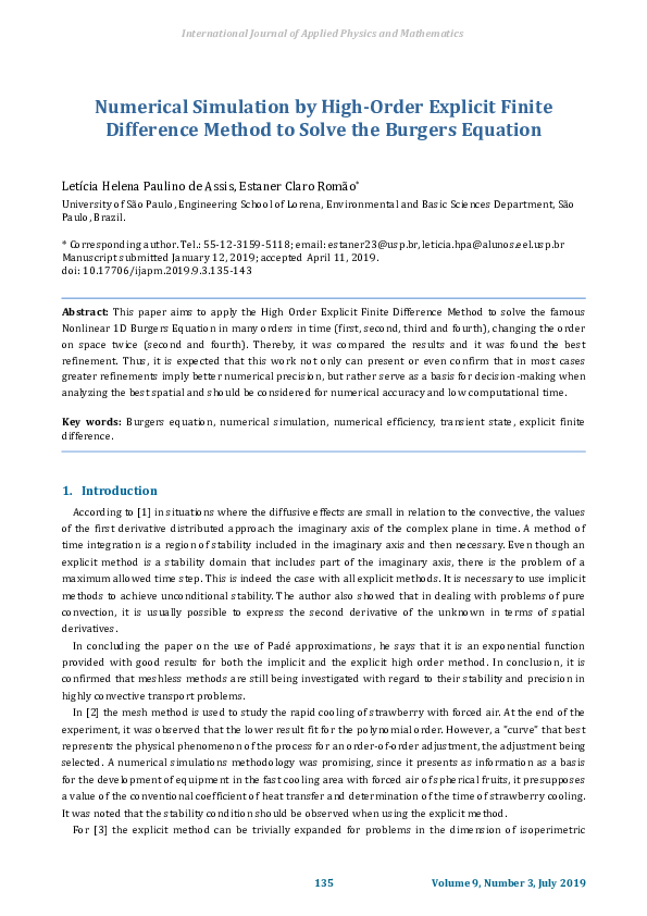 Pdf Numerical Simulation By High Order Explicit Finite Difference Method To Solve The Burgers