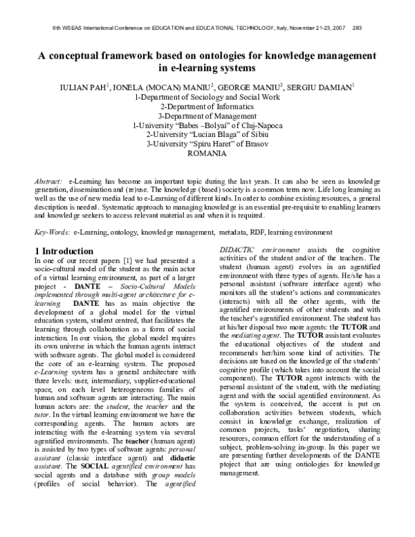 (PDF) A conceptual framework based on ontologies for knowledge management in e-learning systems