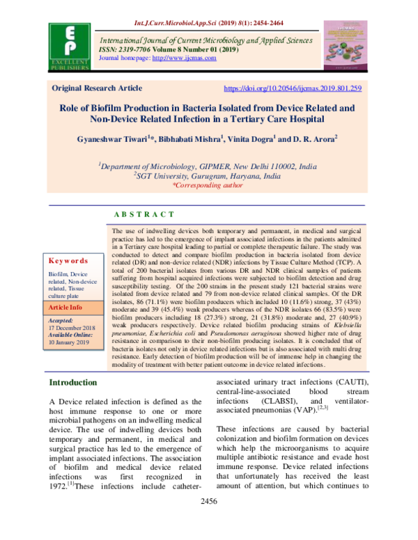 (PDF) Role of Biofilm Production in Bacteria Isolated from Device ...