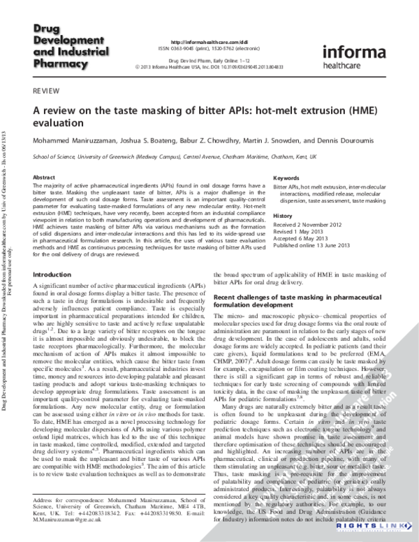 (PDF) A review on the taste masking of bitter APIs: hot-melt extrusion ...