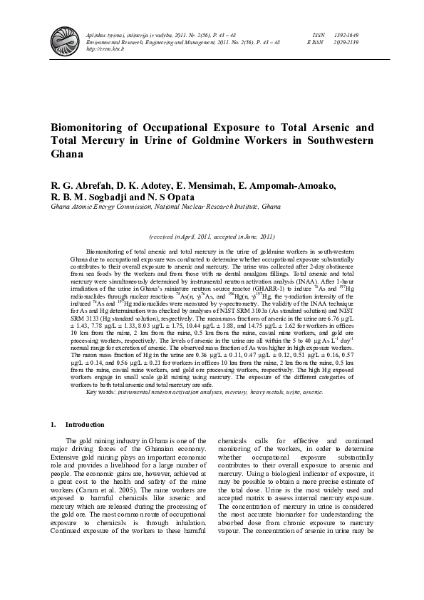 (PDF) Biomonitoring of Occupational Exposure to Total Arsenic and Total ...