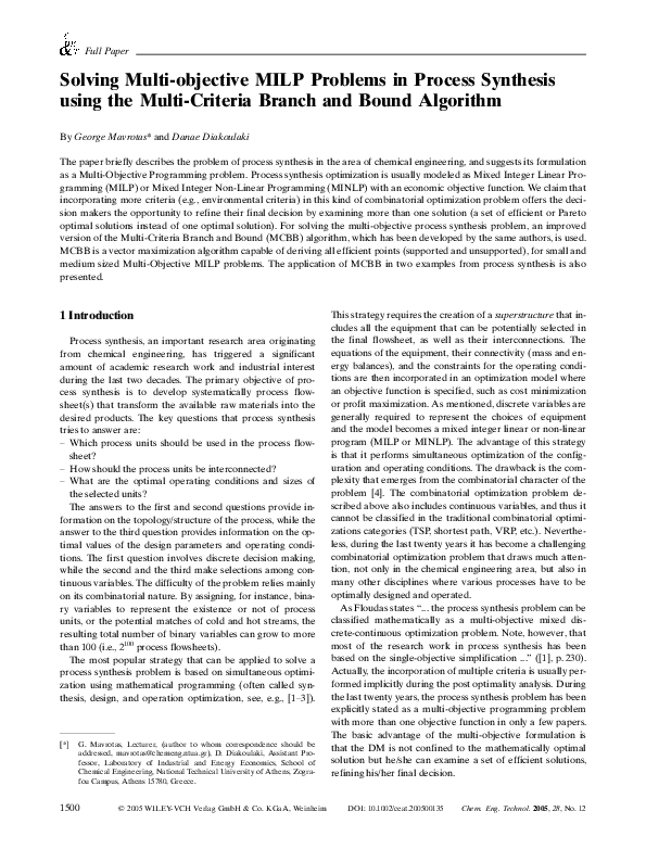 Pdf Solving Multi‐objective Milp Problems In Process Synthesis Using The Multi‐criteria Branch