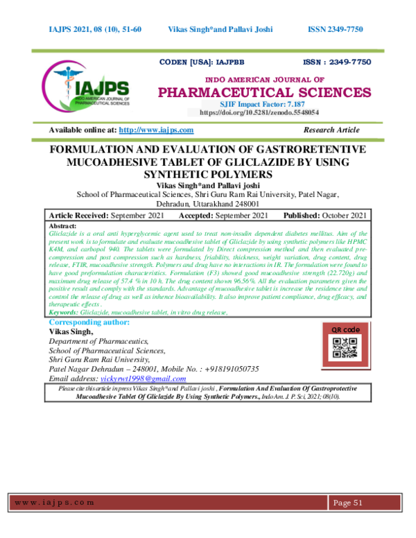 Pdf Formulation And Evaluation Of Gastroretentive Mucoadhesive Tablet Of Gliclazide By Using