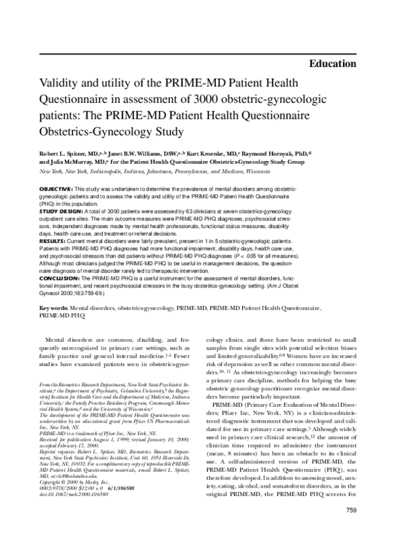 (PDF) Validity and utility of the PRIME-MD Patient Health Questionnaire ...