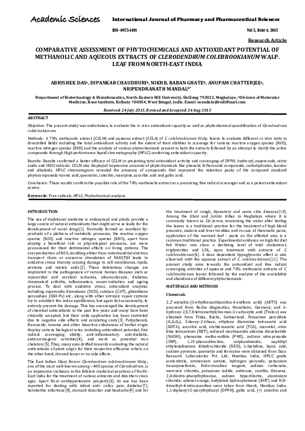 (PDF) Comparative Assessment of Phytochemicals and Antioxidant Potential of Methanolic and ...