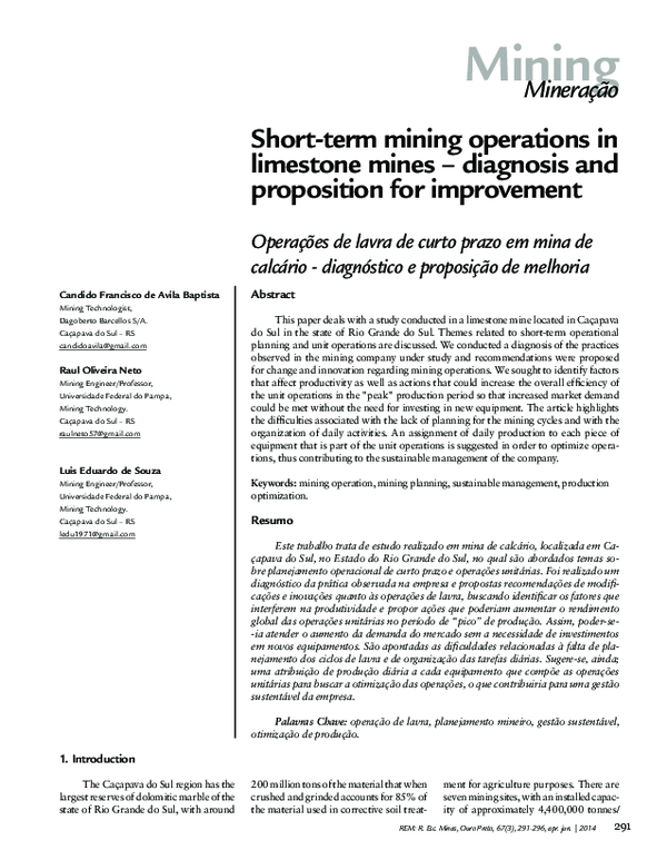 (PDF) Short-term mining operations in limestone mines - diagnosis and ...