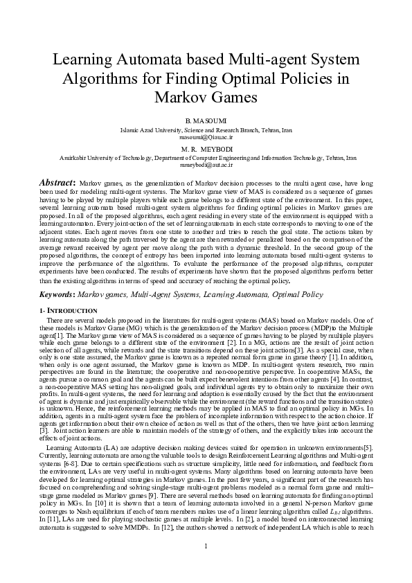 Pdf Learning Automata Based Multi Agent System Algorithms For Finding Optimal Policies In