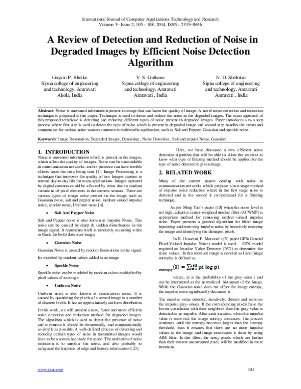 Pdf A Review Of Detection And Reduction Of Noise In Degraded Images By Efficient Noise