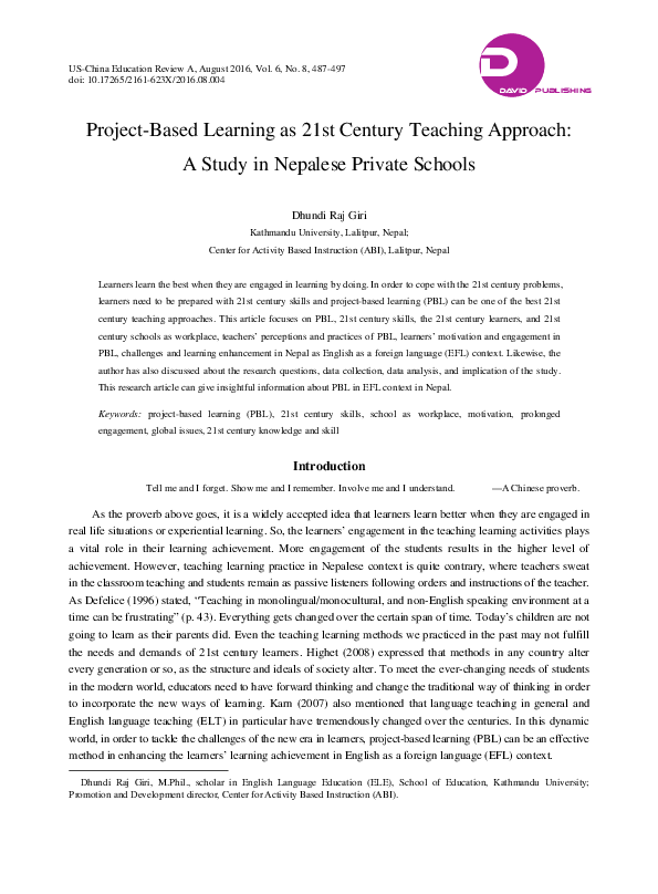 (PDF) Project-Based Learning as 21st Century Teaching Approach: A Study ...