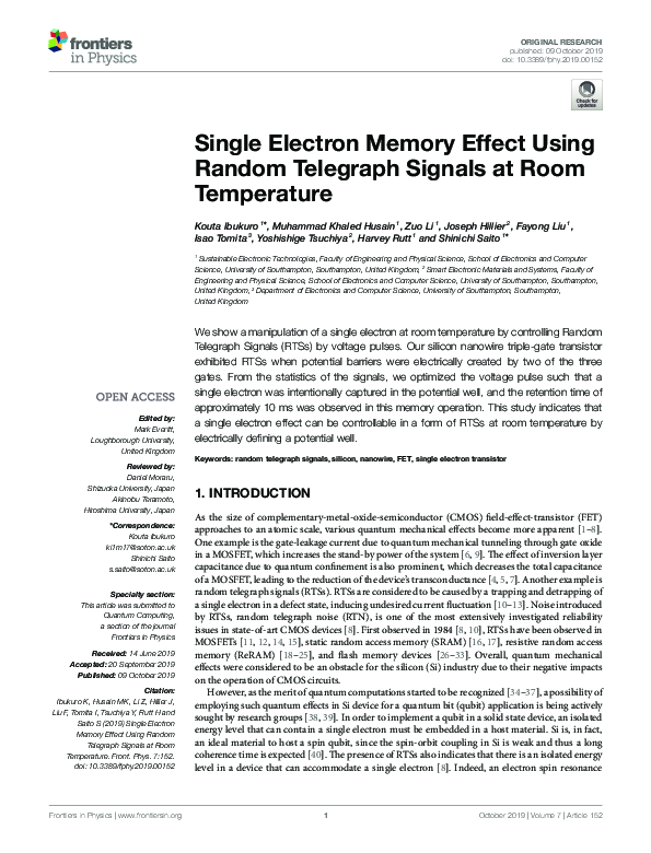 Pdf Single Electron Memory Effect Using Random Telegraph Signals At Room Temperature