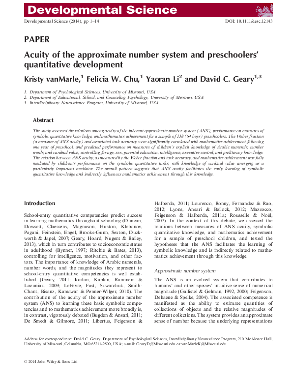 (PDF) Acuity of the approximate number system and preschoolers’ quantitative development