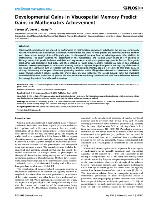 (PDF) Developmental Gains in Visuospatial Memory Predict Gains in ...