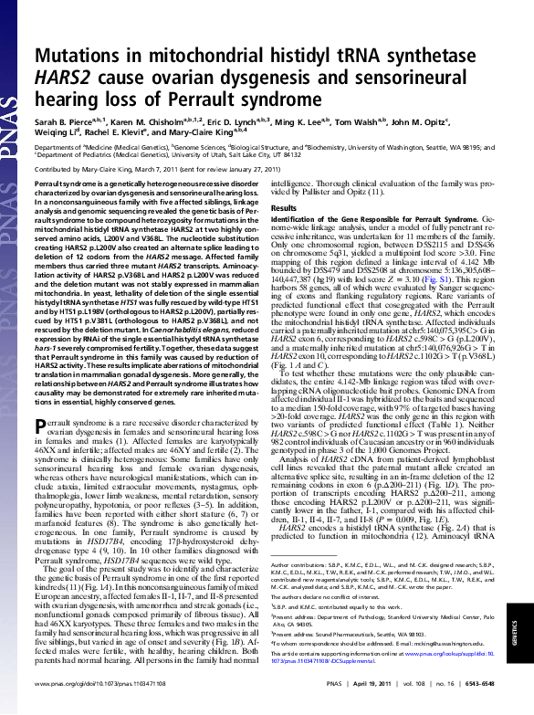 (PDF) Mutations in mitochondrial histidyl tRNA synthetase HARS2 cause ovarian dysgenesis and ...