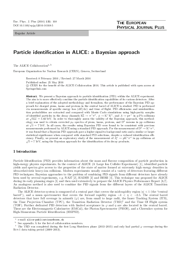 Pdf Particle Identification In Alice A Bayesian Approach
