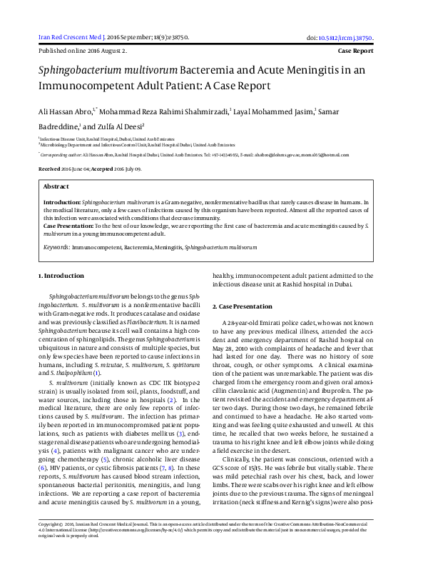 Pdf Sphingobacterium Multivorum Bacteremia And Acute Meningitis In An