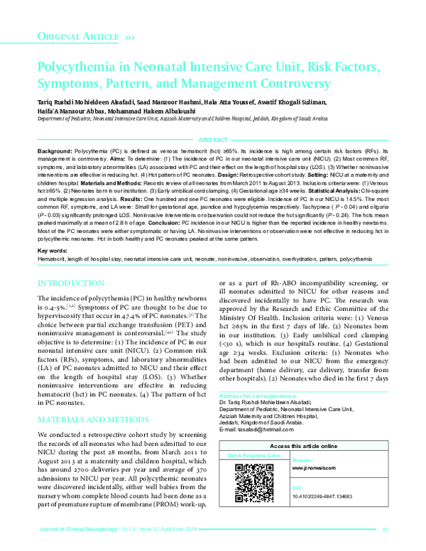 (PDF) Polycythemia in neonatal intensive care unit, risk factors ...