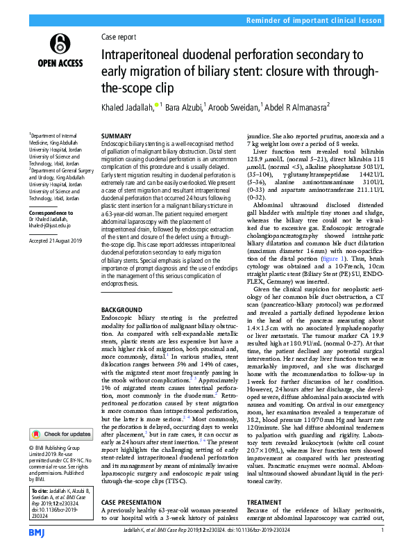(PDF) Intraperitoneal duodenal perforation secondary to early migration ...